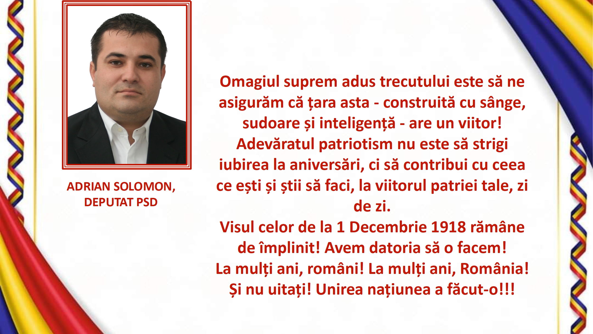 Mesajul deputatului Adrian Solomon, cu ocazia Zilei Naționale a ...